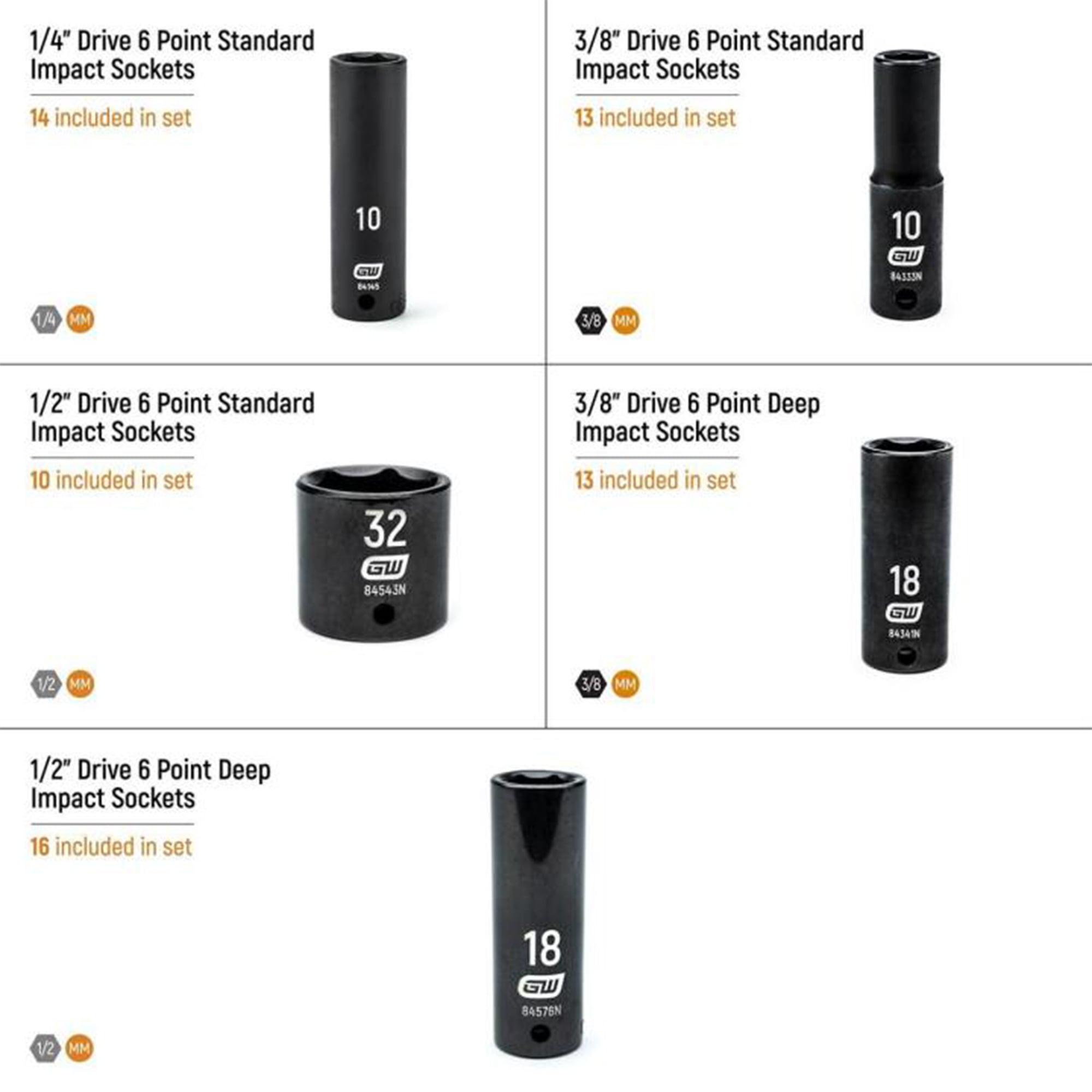 Gearwrench 1/4", 3/8", 1/2" Drive 6 Point Impact Socket Sets in Foam ...