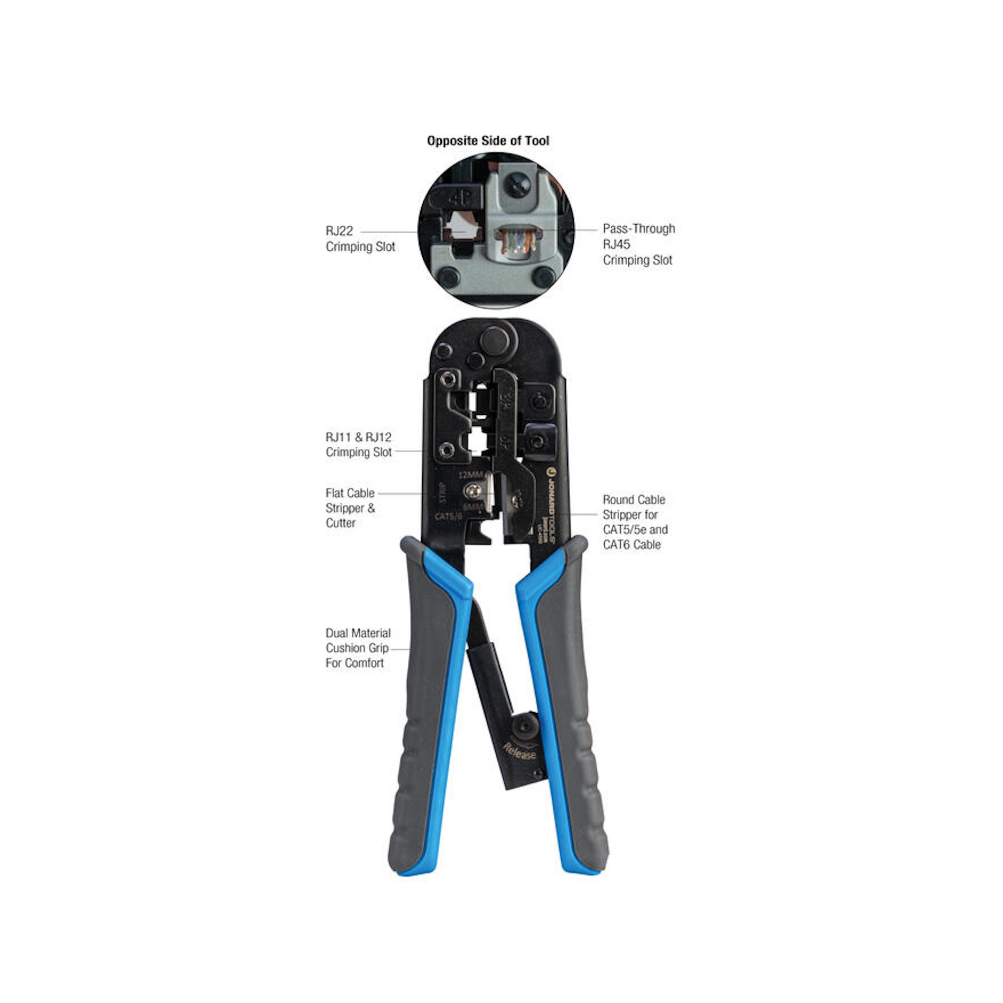 Jonard Tools 6-in-1 Crimping Tool, RJ45 Pass-through & RJ11/12 Modular ...