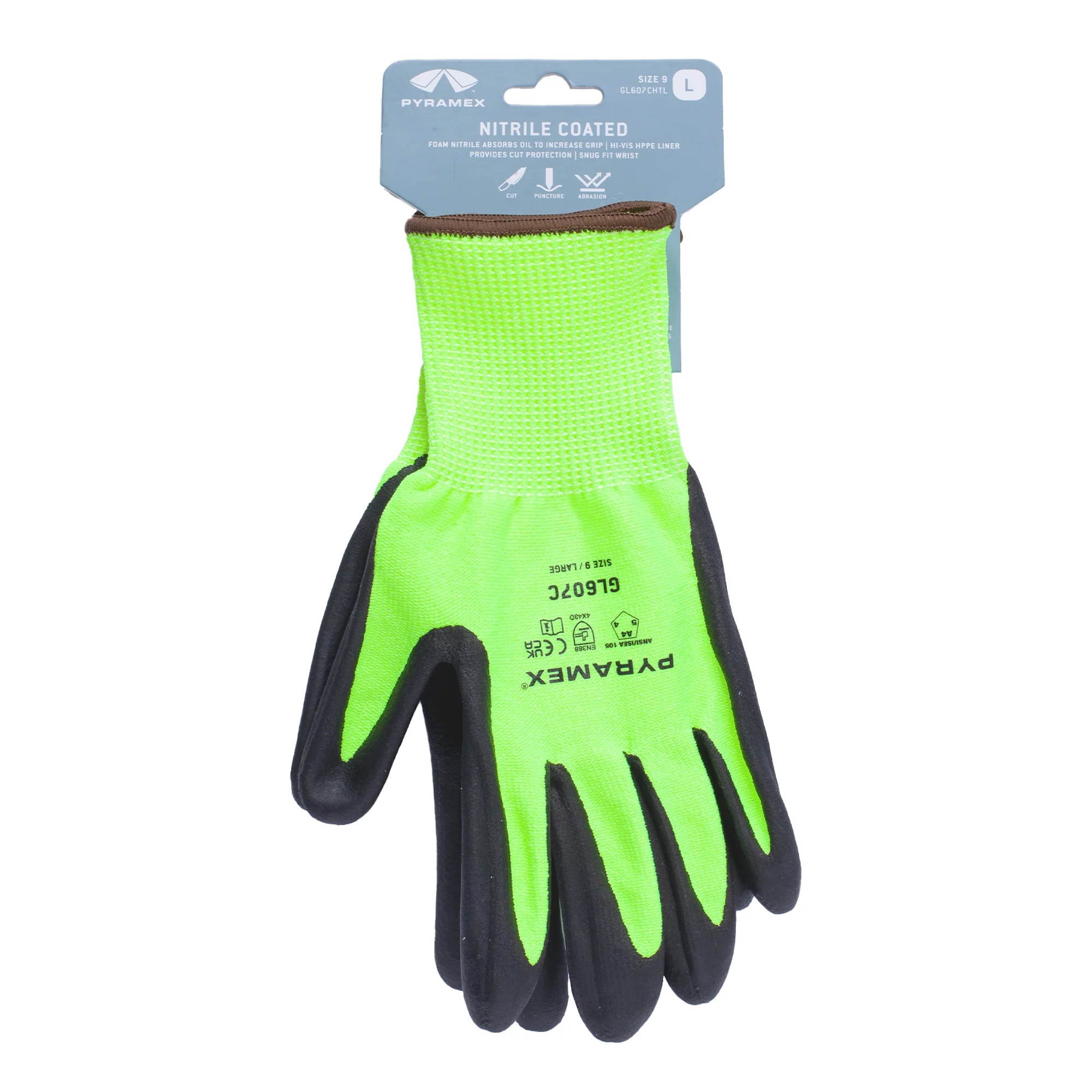 Pyramex Micro-Foam Nitrile Dipped Gloves Hi-vis A4 Cut Hangtag, Size L - GL607CHTL - EngineerSupply
